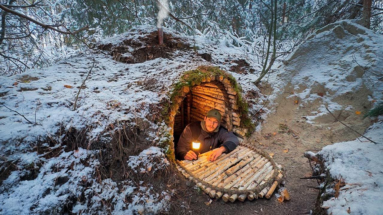 Building a Warm and Cozy Dugout for Survival. Log Shelter, Secret cave ...